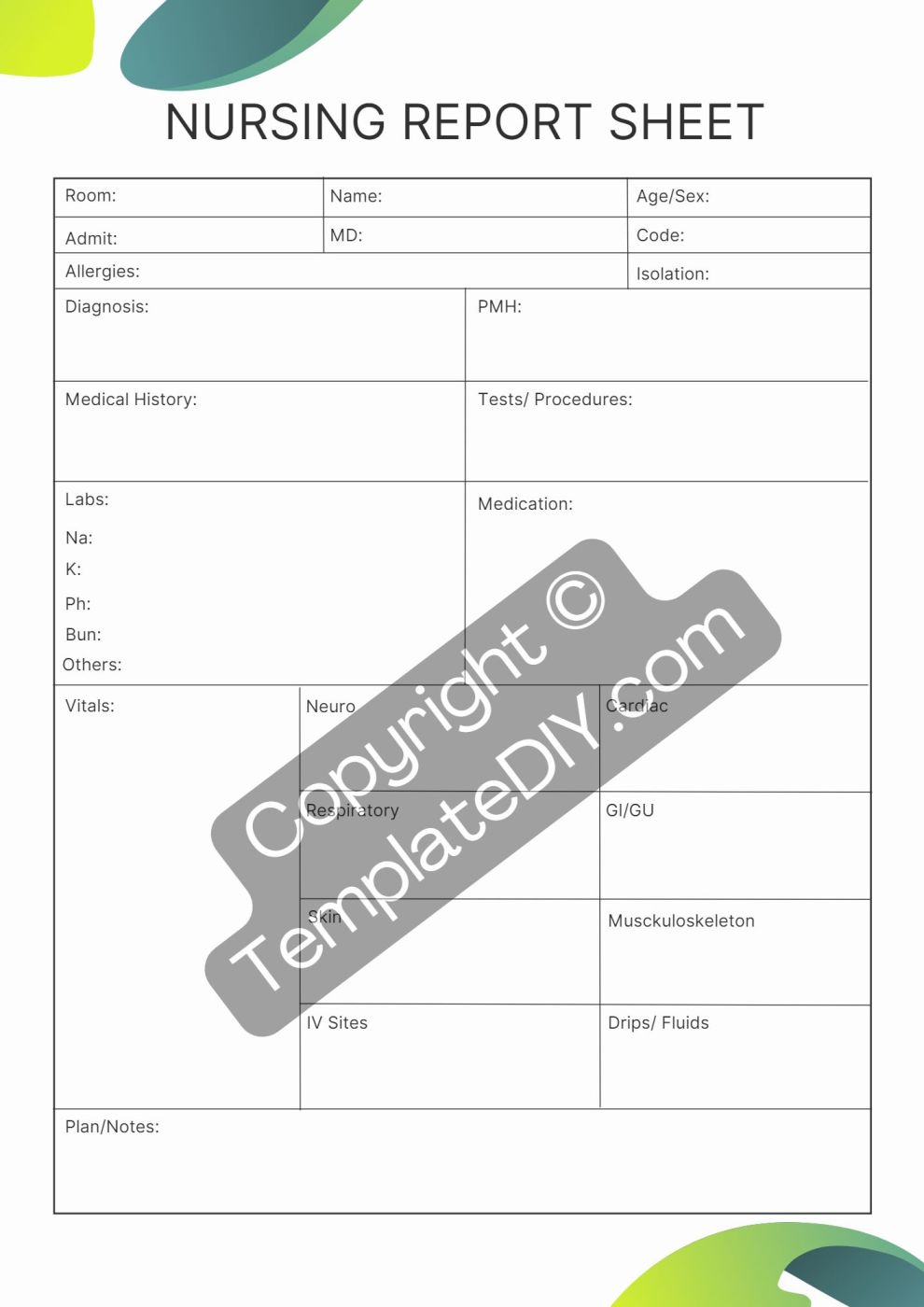 Nursing Report Sheets Template Printable PDF, Word