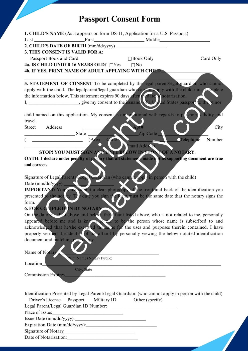Passport Consent Form Template Printable PDF, Word
