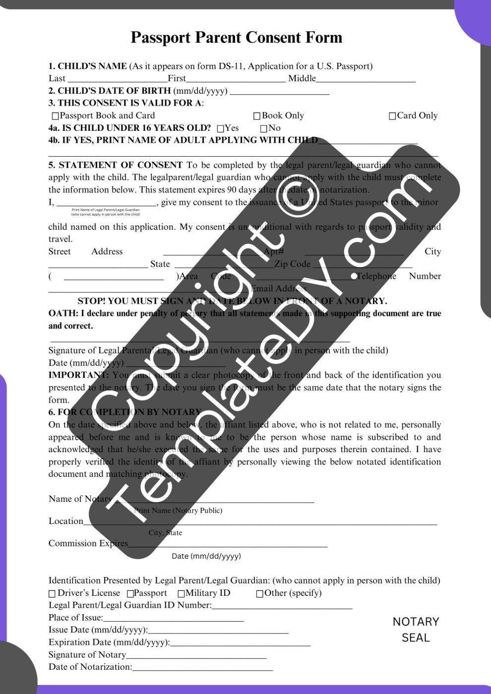 Passport Parent Consent Form Printable Template PDF, Word