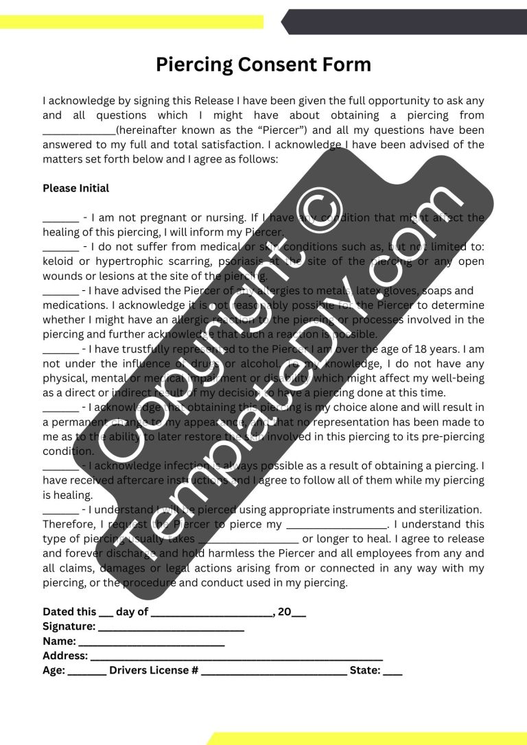 Piercing Consent Form Template Printable PDF, Word