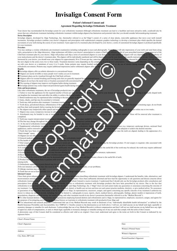 Invisalign Consent Form Template Printable PDF, Word