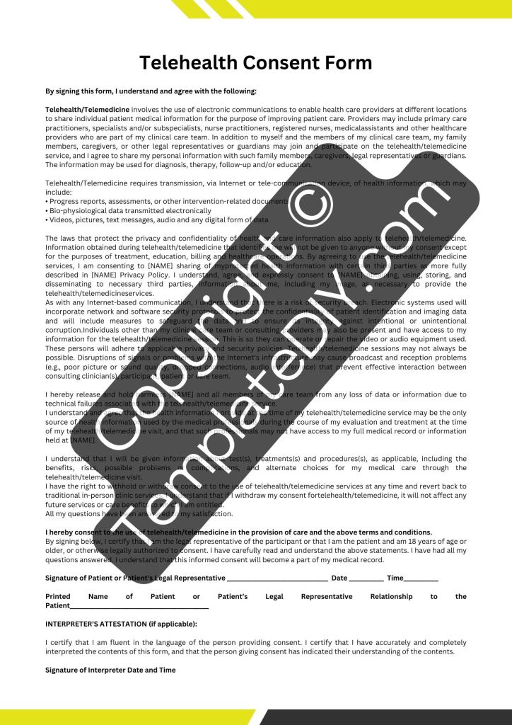 Telehealth Consent Form Template Printable in PDF, Word