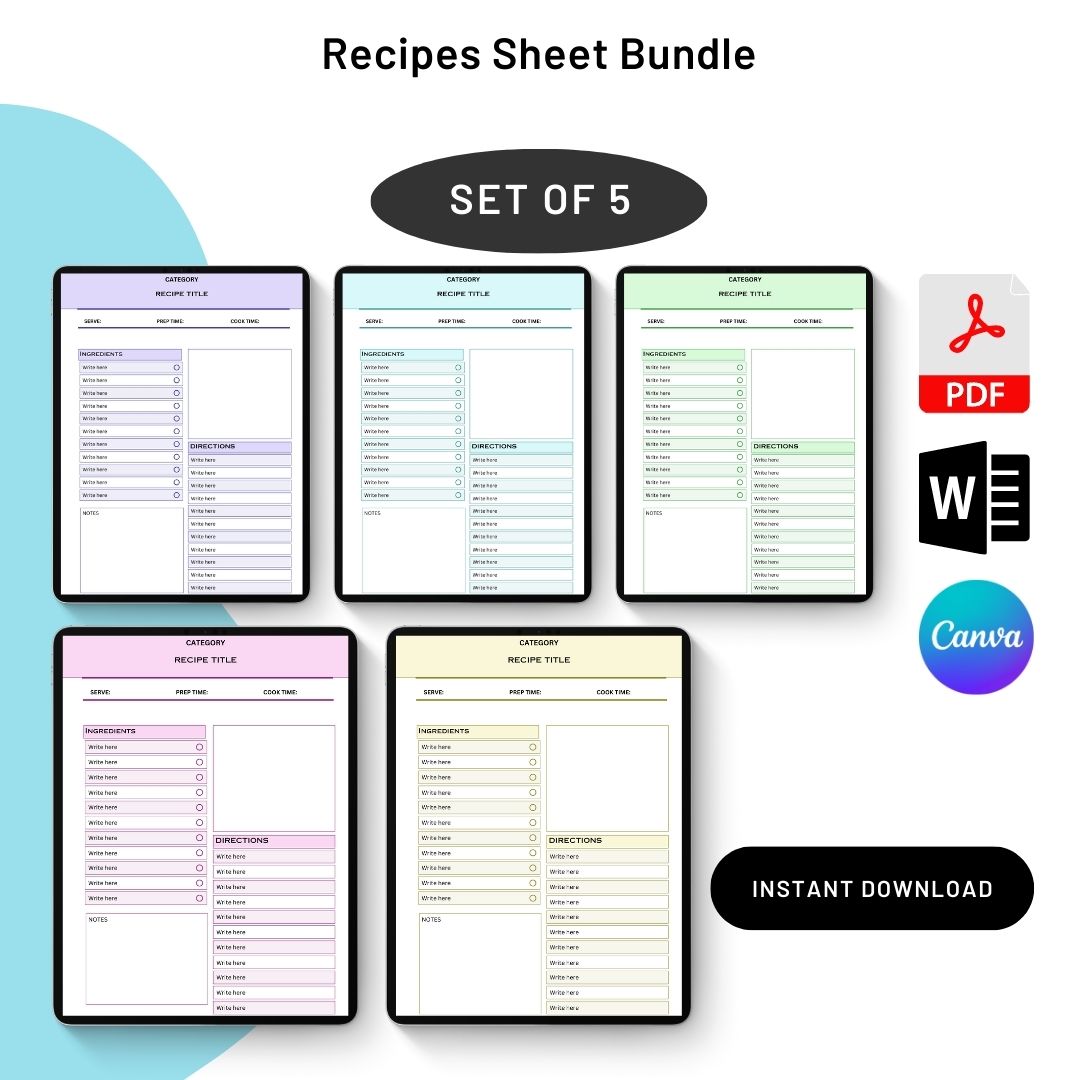 Recipes Sheet Bundle Template PDF, Word [Editable]