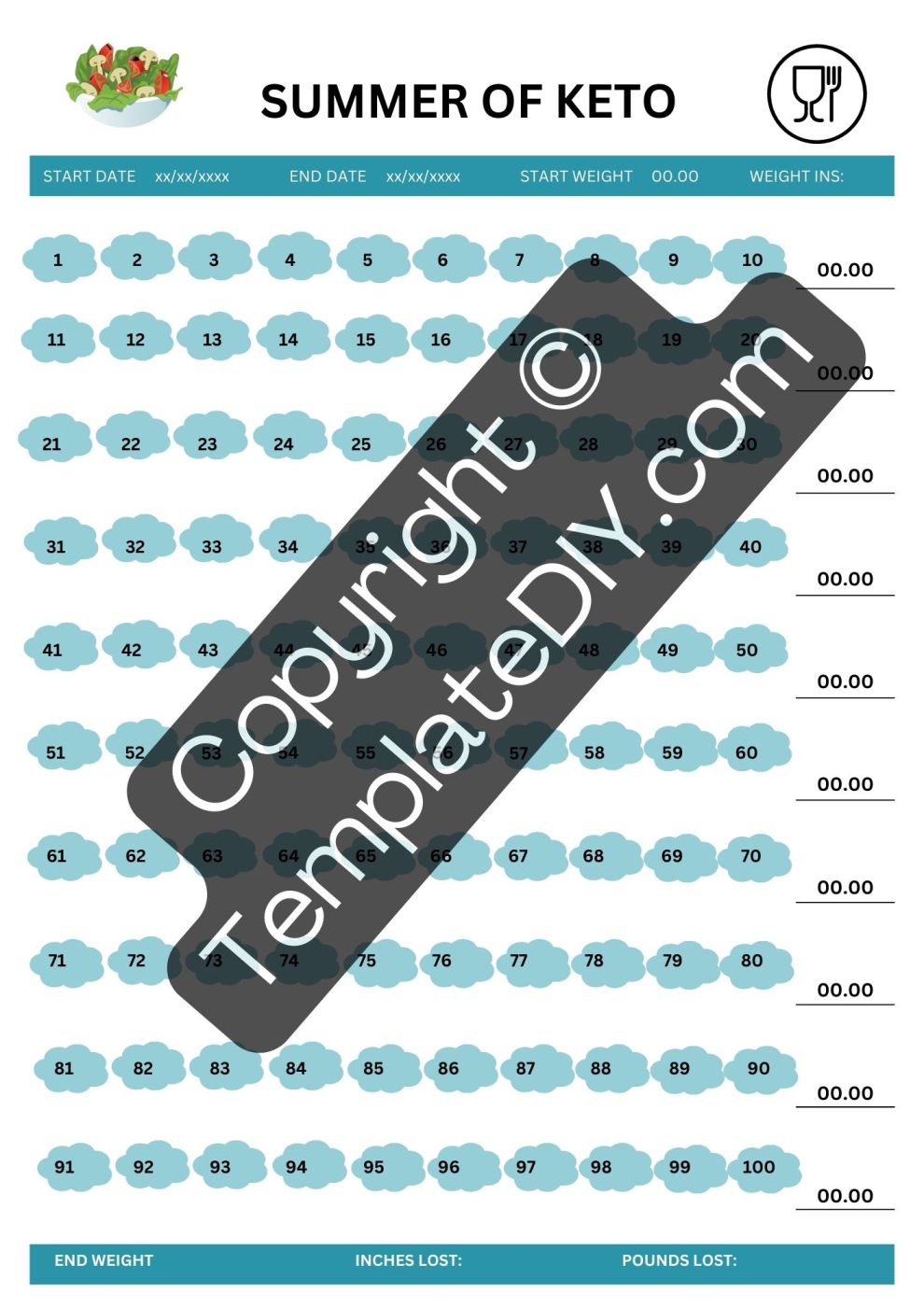 Printable Summer 100 Days of Keto Tracker Template Excel