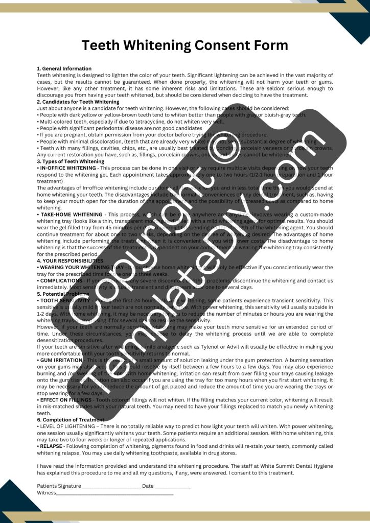 Teeth Whitening Consent Form Template Printable PDF, Word