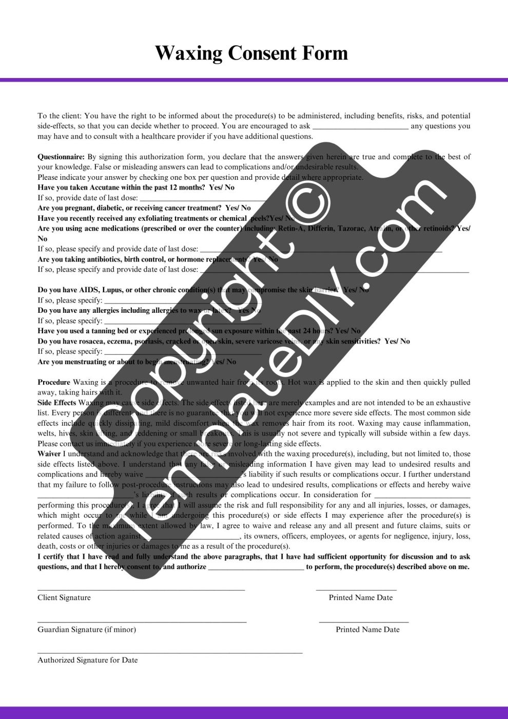 Waxing Consent Form Template Printable PDF, Word [Editable]