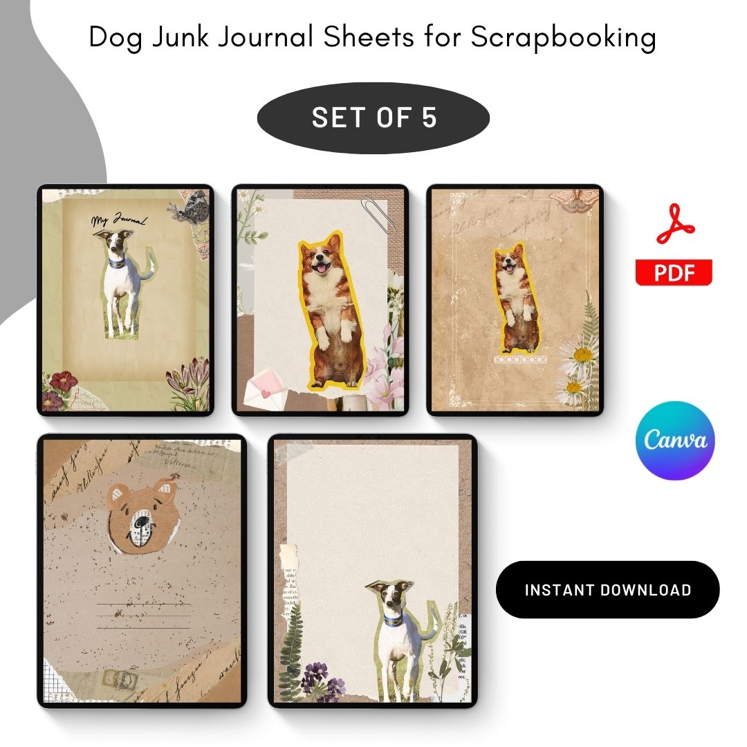 Dog Junk Journal Sheets for Scrapbooking Template PDF, Word