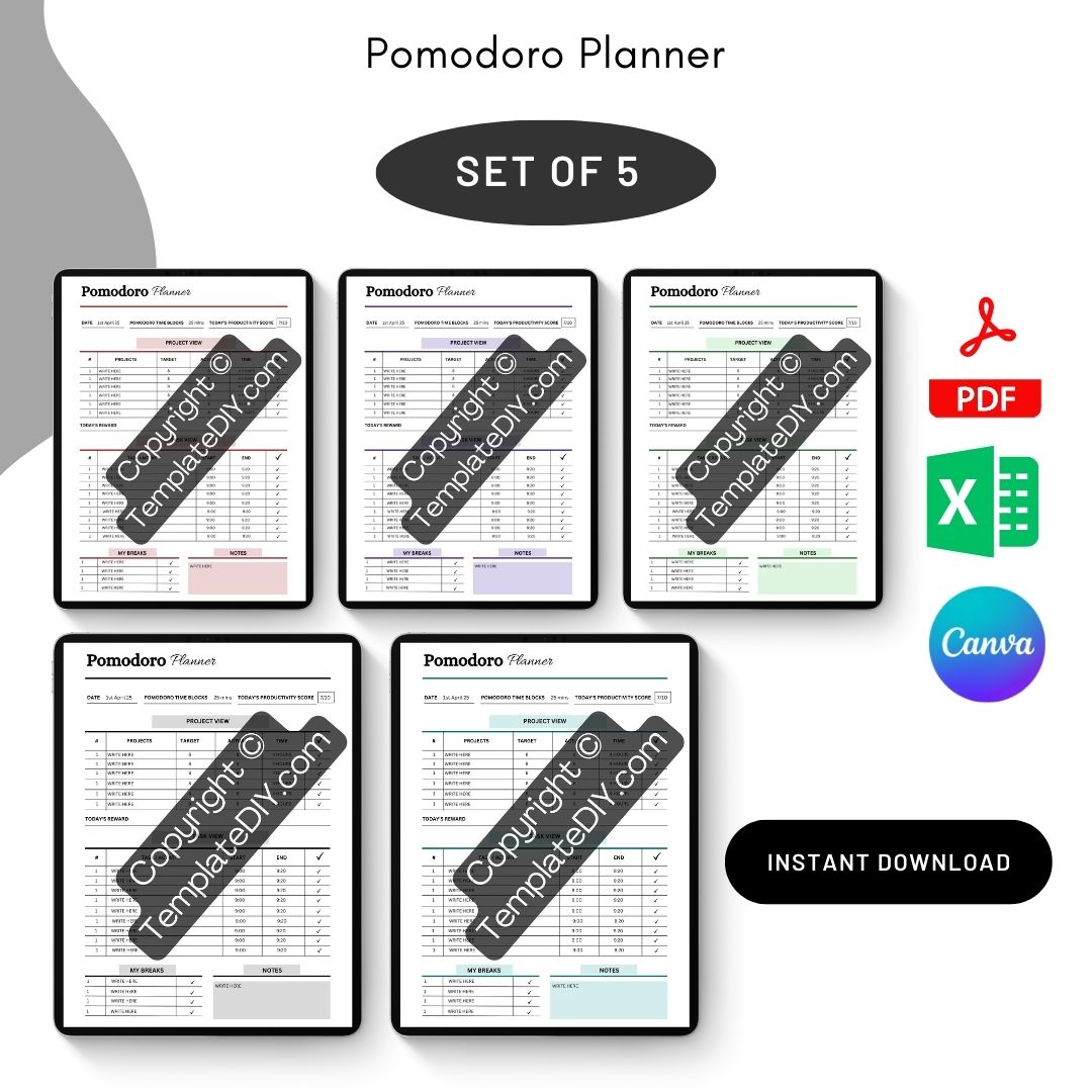 Printable Pomodoro Planner Template PDF, Excel, Word