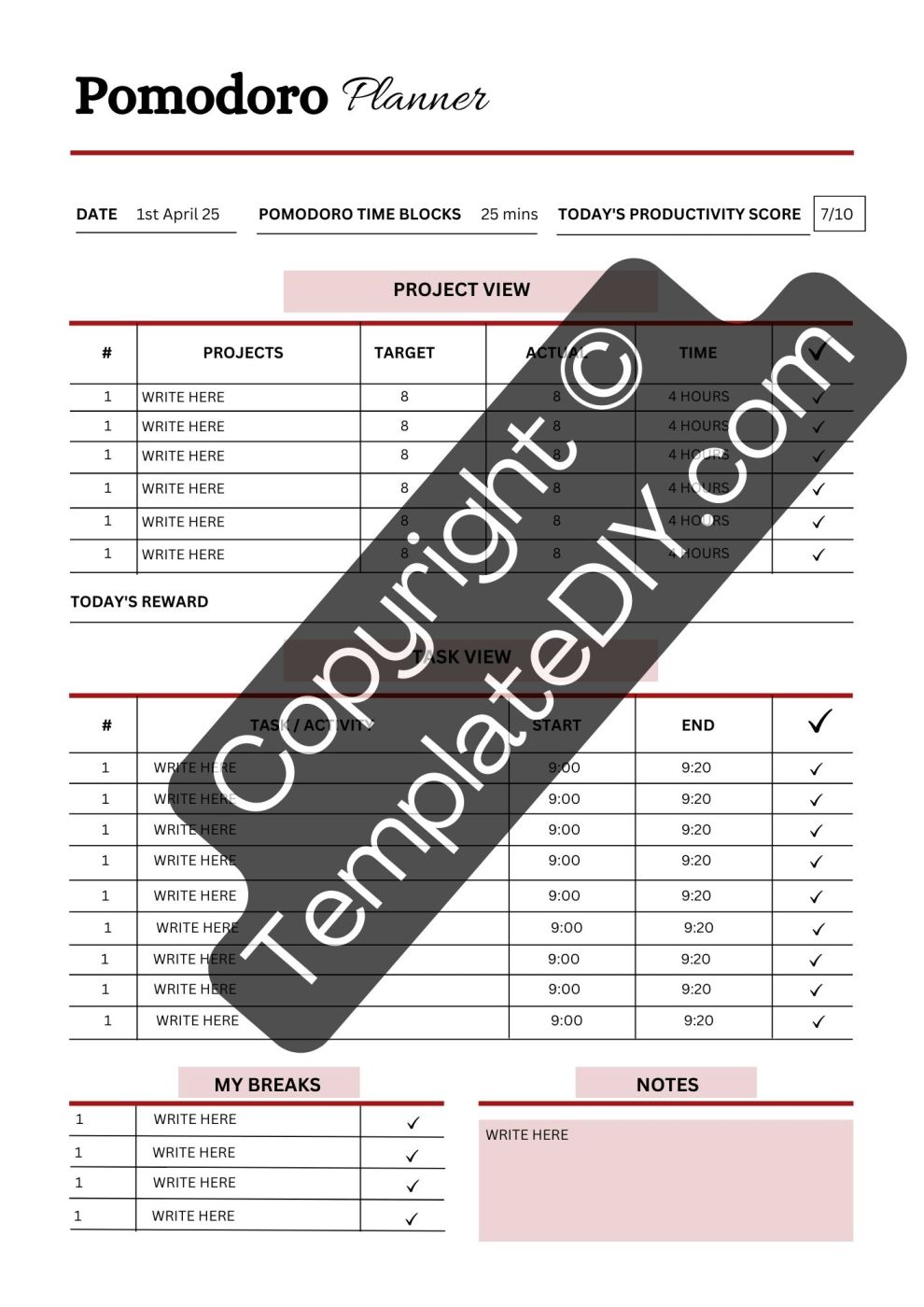 Printable Pomodoro Planner Template PDF, Excel, Word