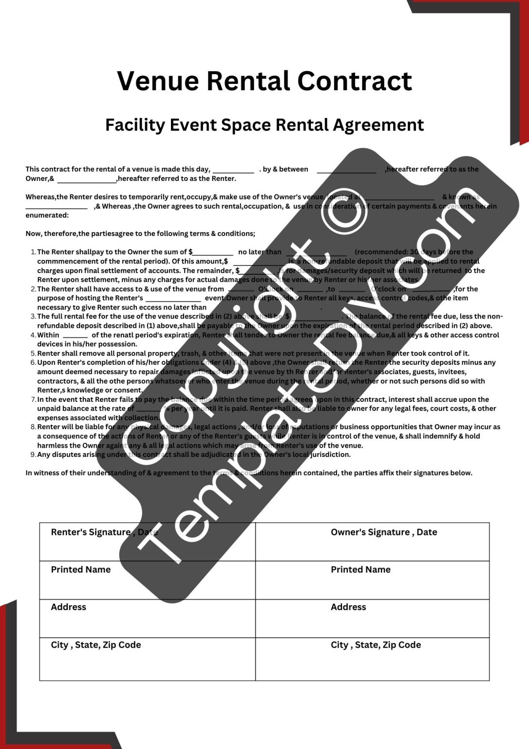 Printable Venue Rental Contract Form Template PDF, Word