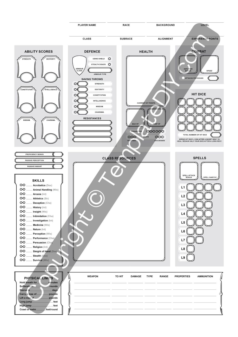 DND Character Sheet Printable Template in PDF and Word