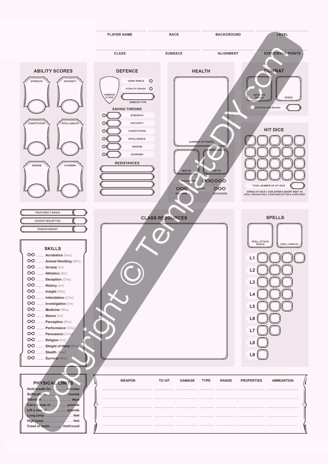 DND Character Sheet Printable Template in PDF and Word