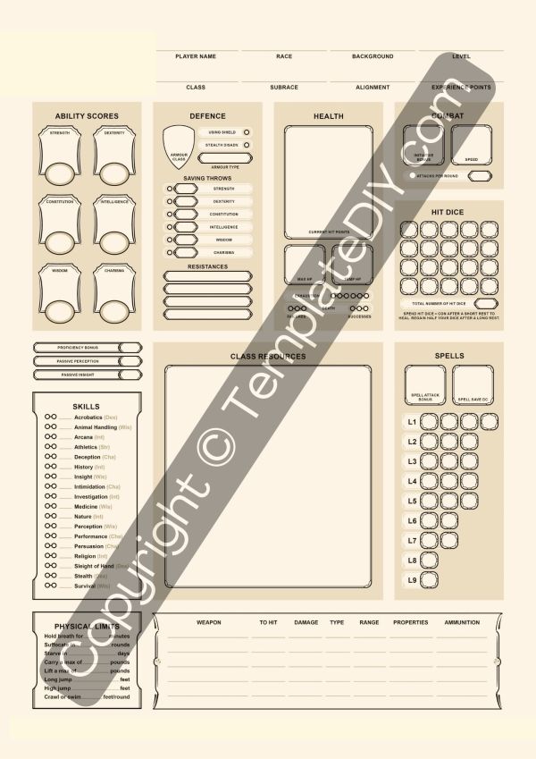 DND Character Sheet Printable Template in PDF and Word