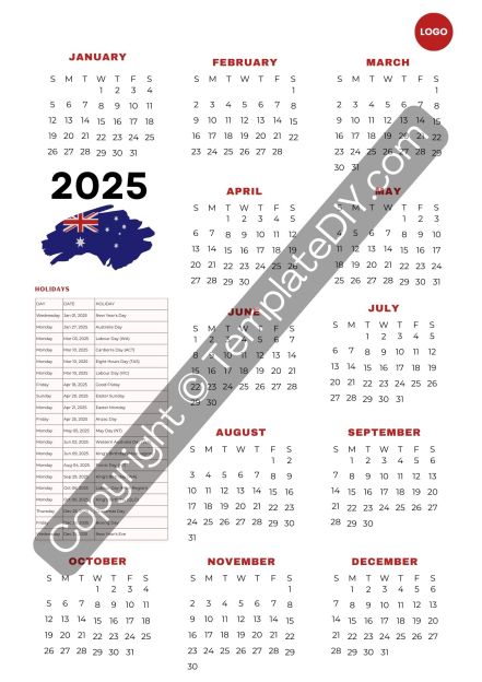 Australia Calendar 2025 with Holidays in PDF, Word, Excel