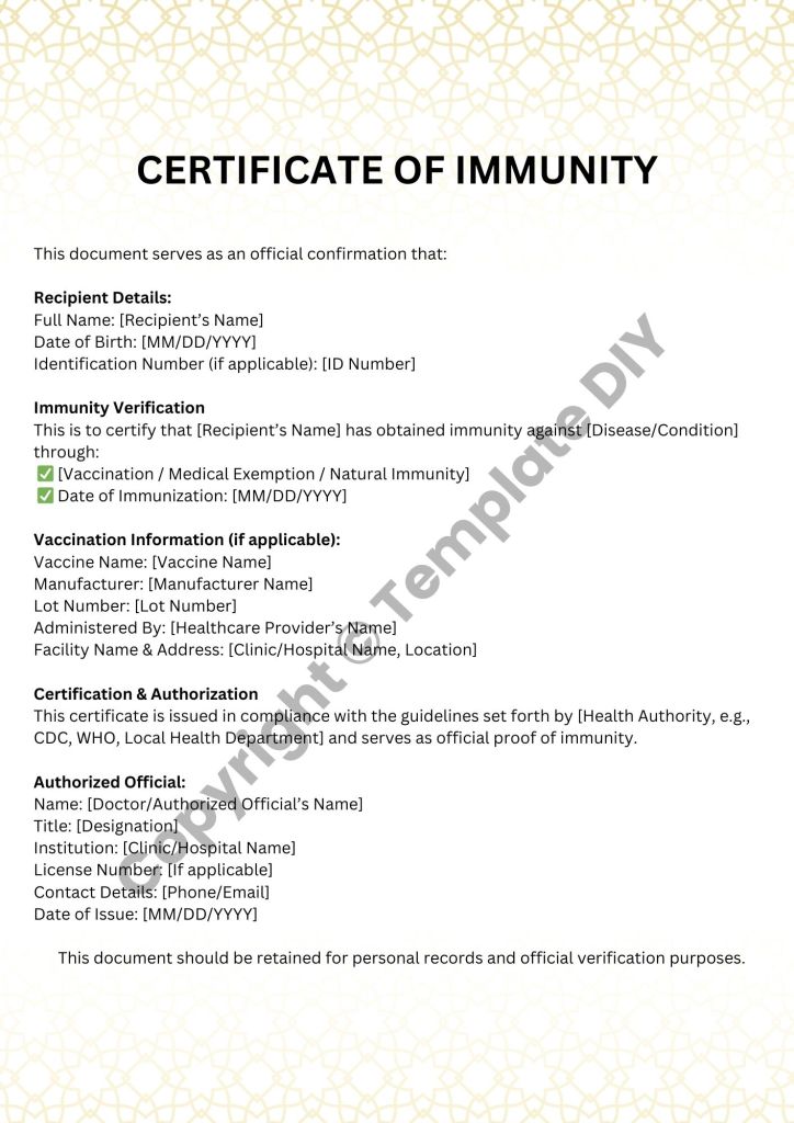 Certificate of Immunity Template Printable in PDF, Word