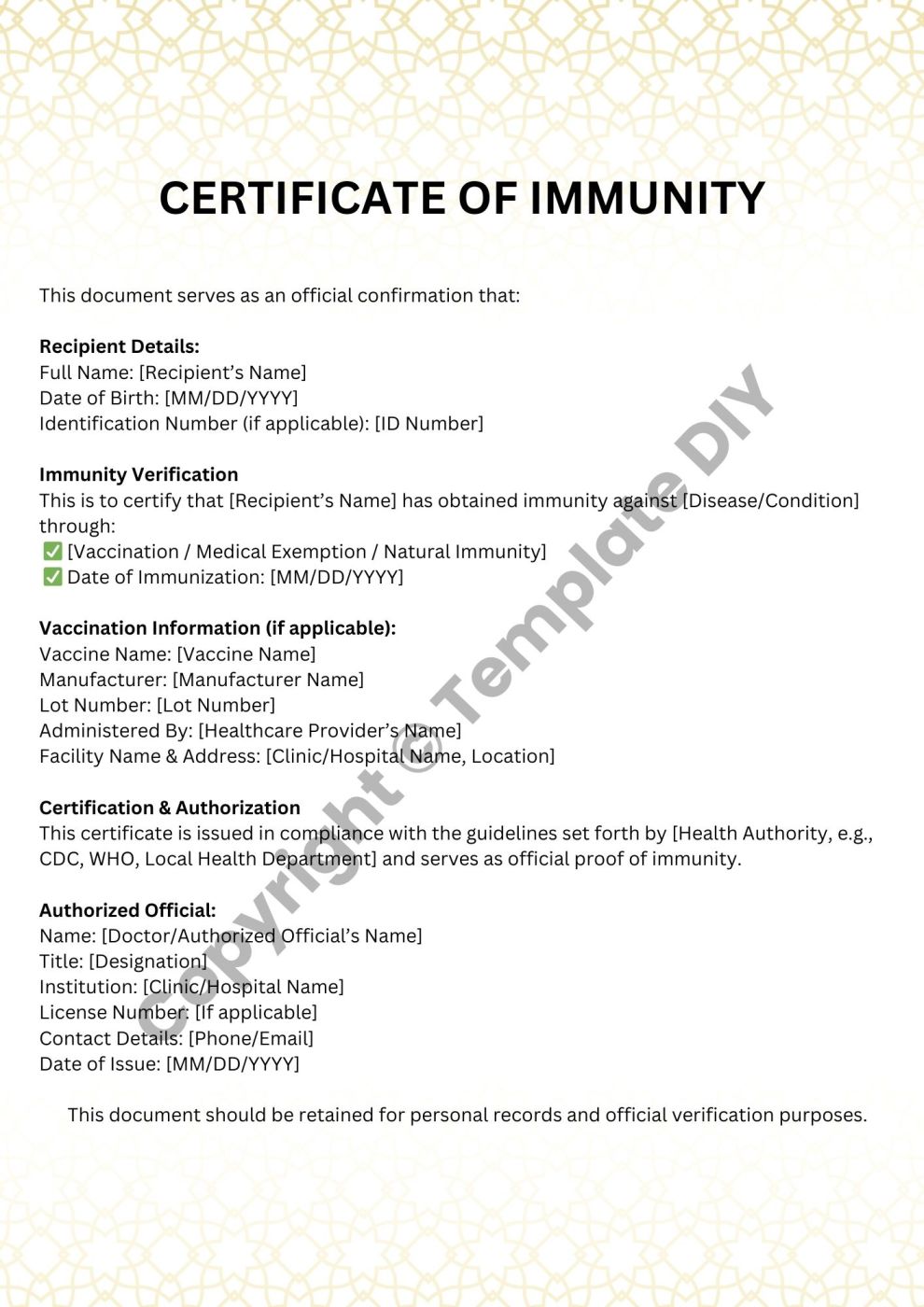 Certificate of Immunity Template Printable in PDF, Word