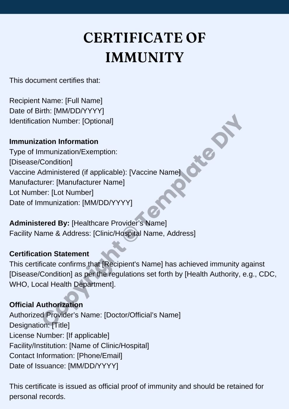 Certificate of Immunity Template Printable in PDF, Word