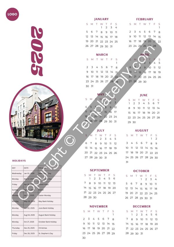 Ireland Calendar 2025 with Holidays in Pdf, Word, Excel