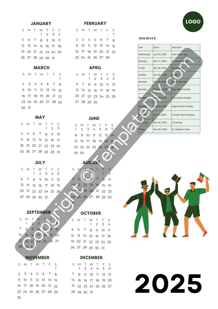 Ireland Calendar 2025 with Holidays in Pdf, Word, Excel
