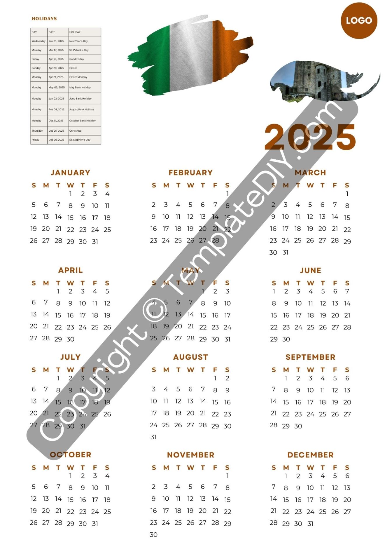 Ireland Calendar 2025 with Holidays in Pdf, Word, Excel