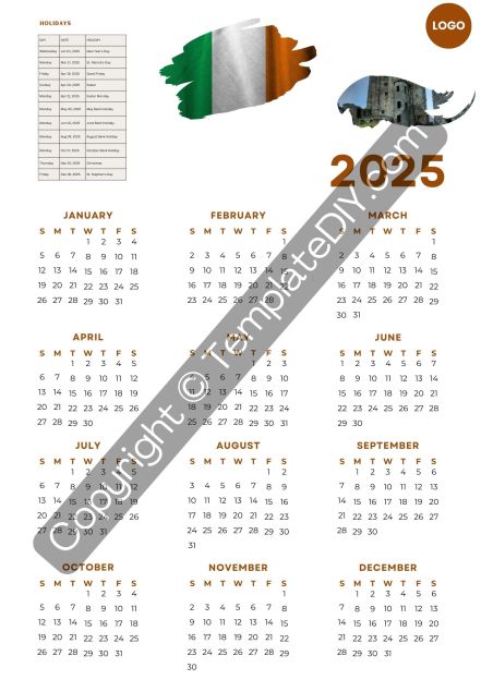 Ireland Calendar 2025 with Holidays in Pdf, Word, Excel