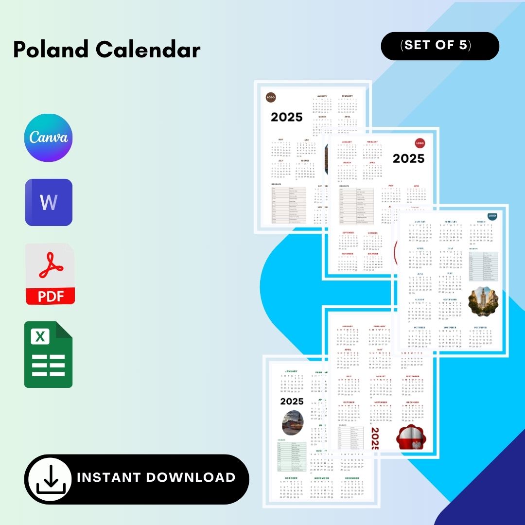 Poland Calendar 2025 with Holidays in PDF, Word, Excel