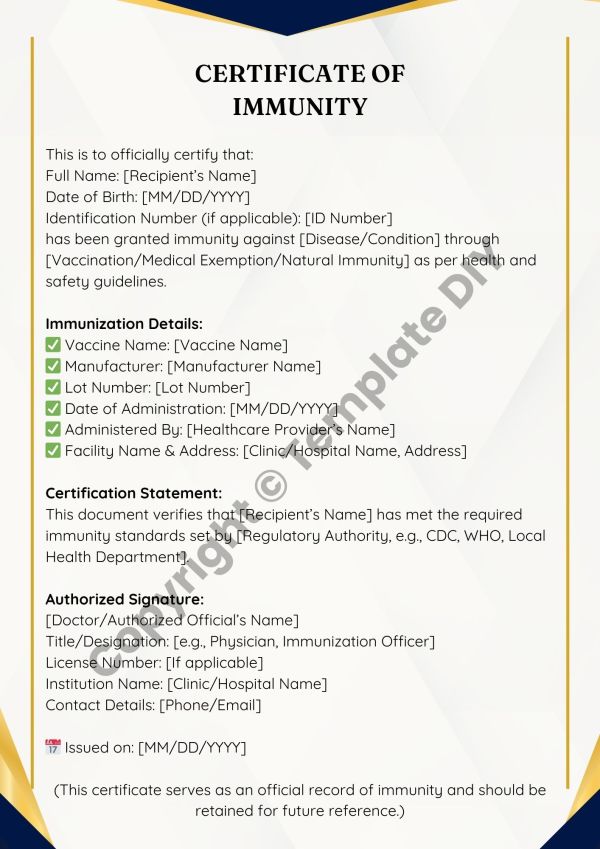 Certificate of Immunity Template Printable in PDF, Word