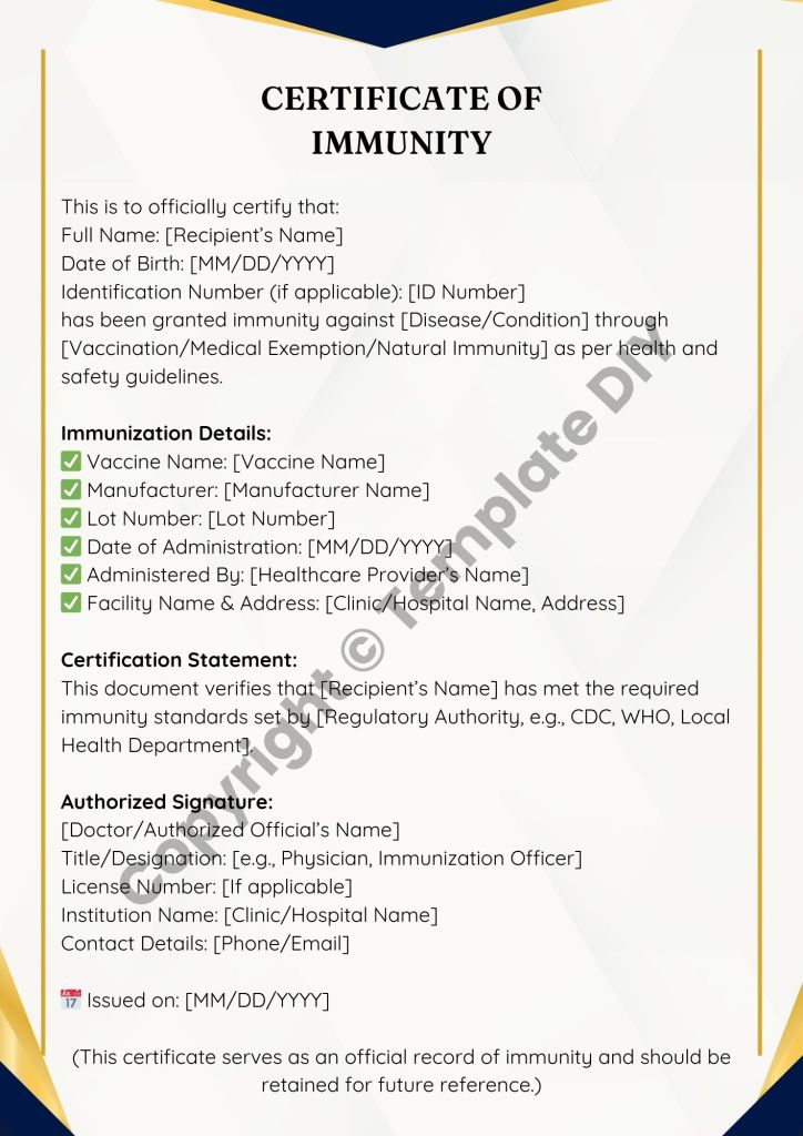 Certificate of Immunity Template Printable in PDF, Word
