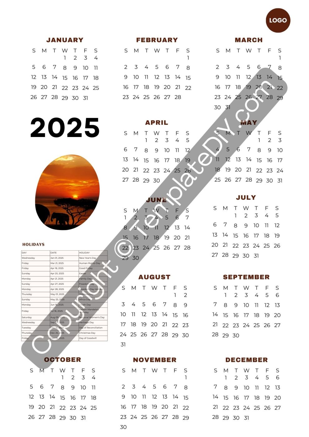 Editable South Africa Calendar 2025 | PDF & Excel
