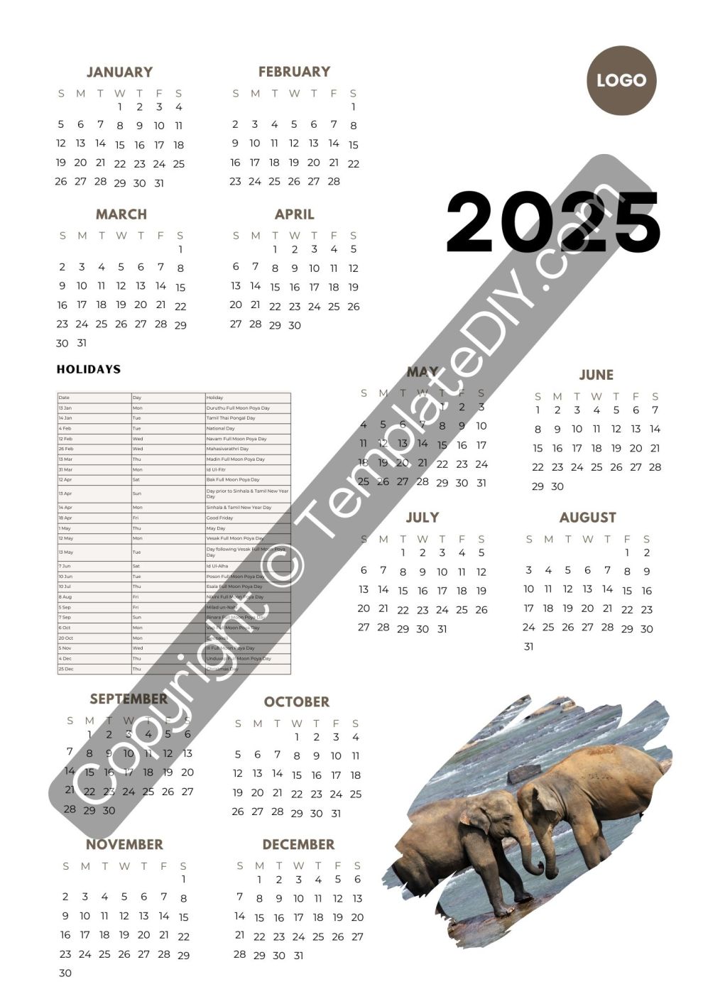Sri Lanka 2025 Calendar with Holidays | Printable PDF & Excel