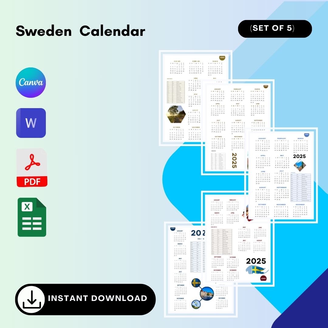 Sweden Calendar 2025 with Holidays in Pdf, Word, Excel