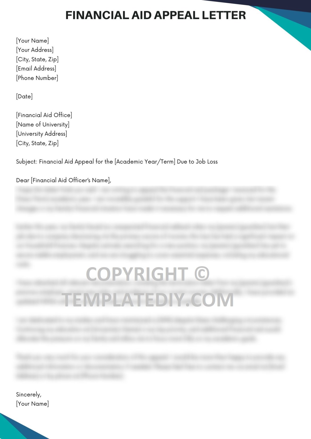 Financial Aid Appeal Letter Template Printable [Word]