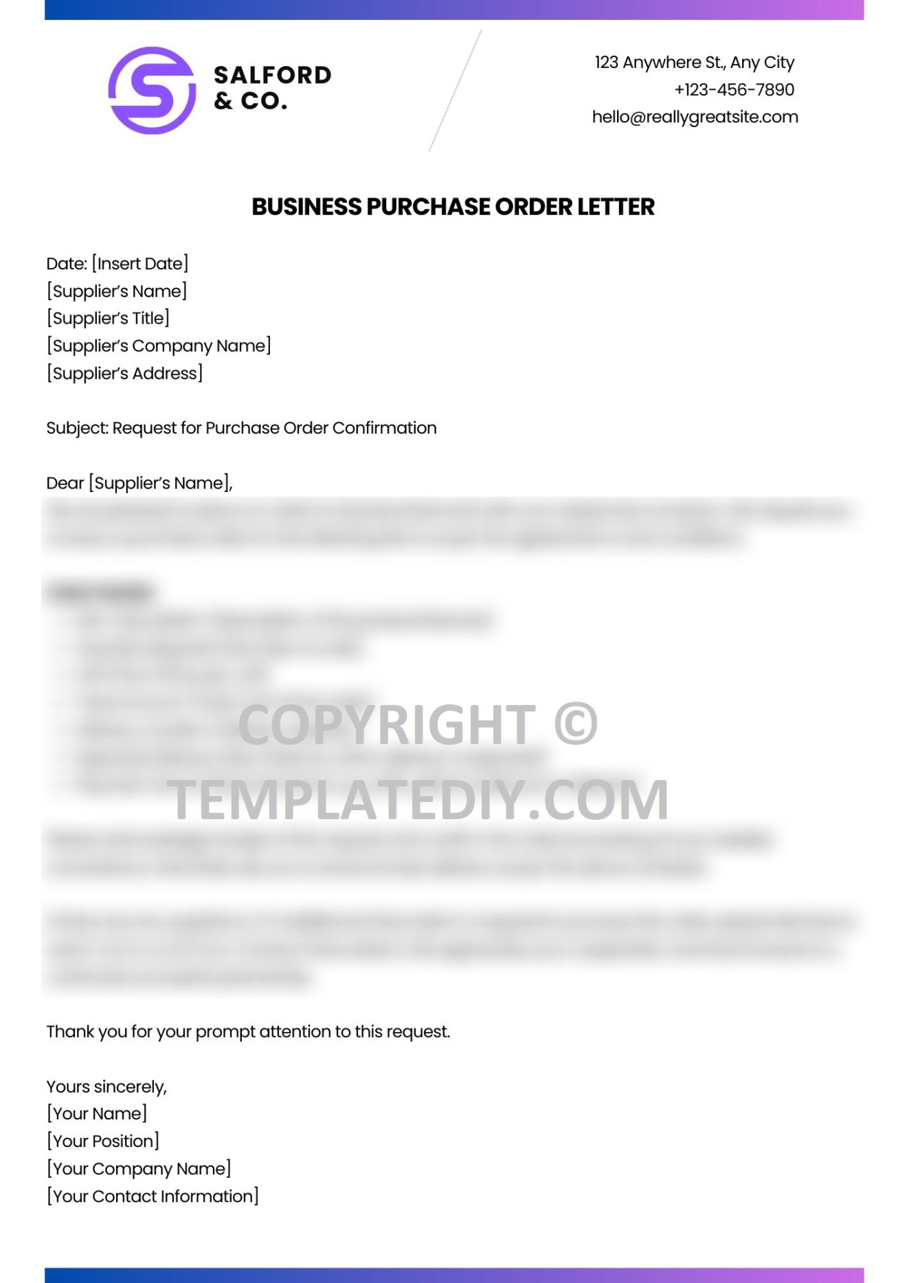 Business Purchase Order Letter Sample with Examples [Word]