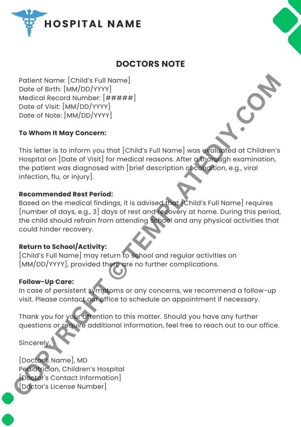 Download Children’s Hospital Doctor’s Note Word PDF