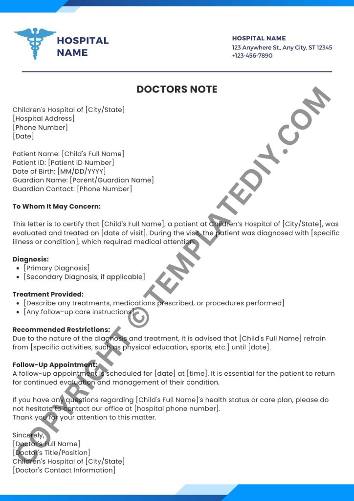 Download Children’s Hospital Doctor’s Note Word PDF