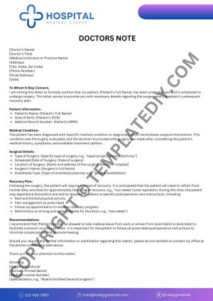 Doctors Note for Surgery Template PDF & Word Download