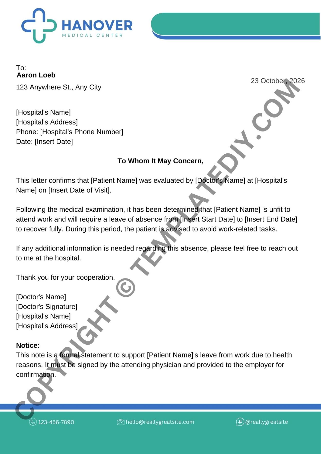 Editable Doctor’s Note for Work Absence PDF & Word