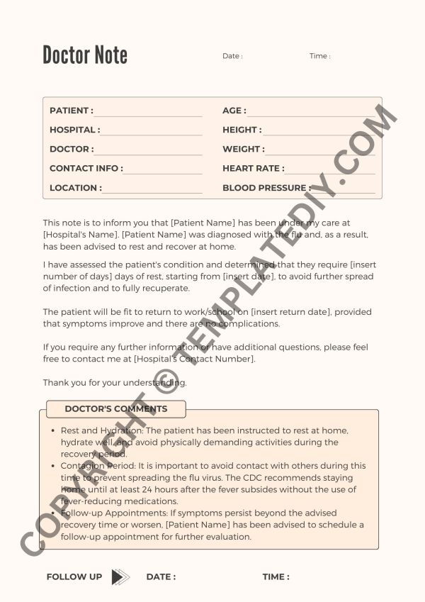 Doctor’s Note for Flu Template – Download Editable PDF & Word