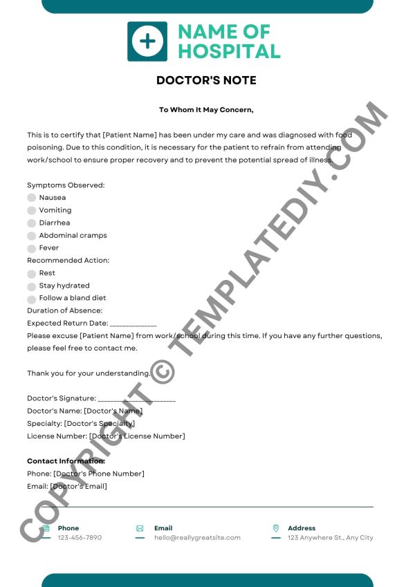 Doctors Note for Food Poisoning Template Printable PDF, Word