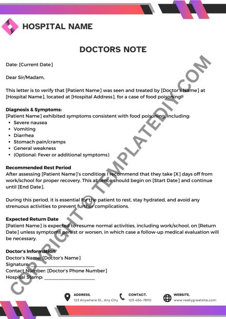 Doctors Note for Food Poisoning Template Printable PDF, Word
