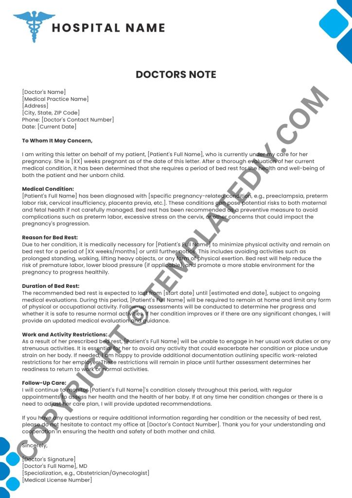 Printable Doctors Note Template for Pregnancy Bed Rest | Instant Download