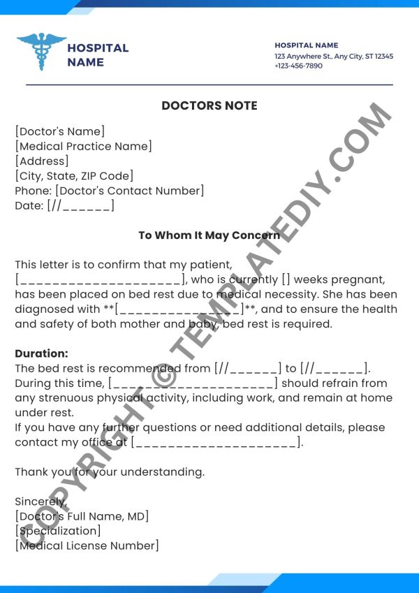 Printable Doctors Note Template for Pregnancy Bed Rest | Instant Download