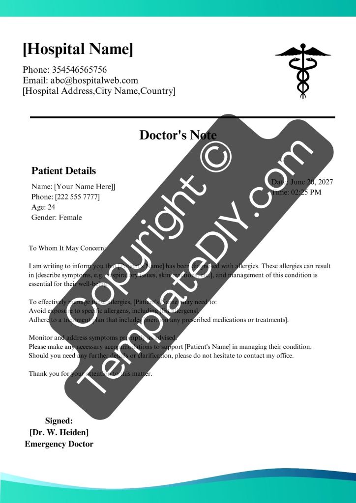 Doctors Note for Allergies Template Printable [PDF, Word]