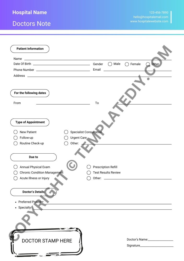 Hospital Real Doctors Note for Work Printable in PDF Word