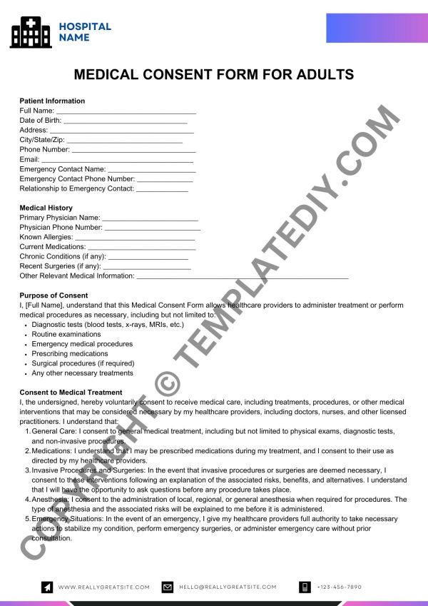 Medical Consent Form for Adults Printable Template PDF, Word