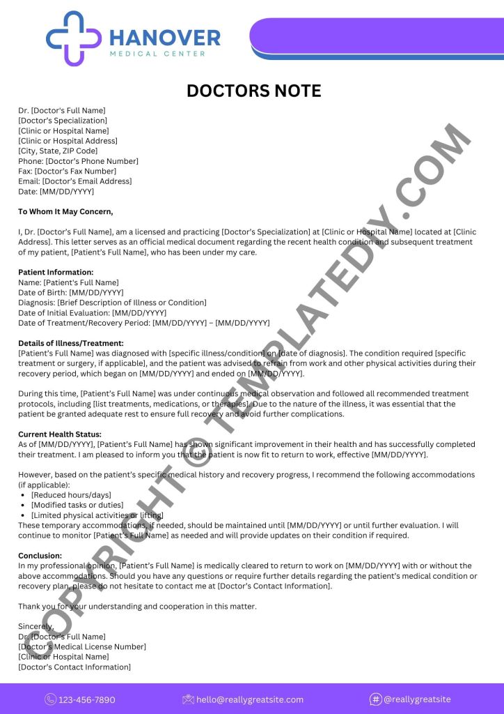 Return to Work Doctor’s Note Template | PDF & Word Download
