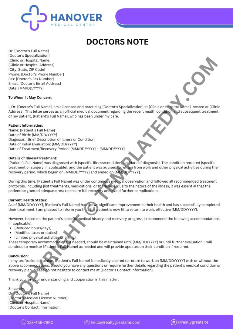 Return to Work Doctor’s Note Template | PDF & Word Download