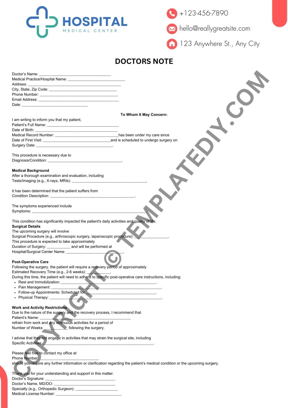 Doctors Note for Surgery Template PDF & Word Download