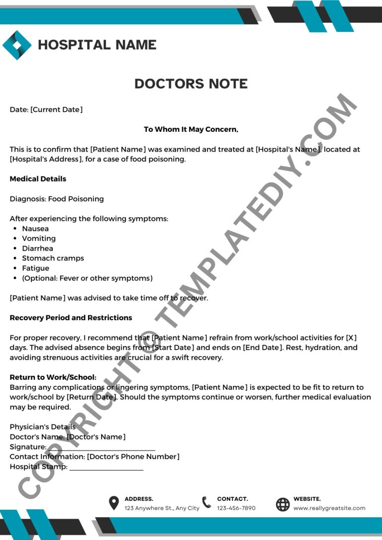 Doctors Note for Food Poisoning Template Printable PDF, Word