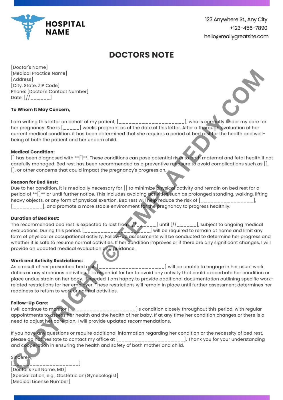 Printable Doctors Note Template for Pregnancy Bed Rest | Instant Download